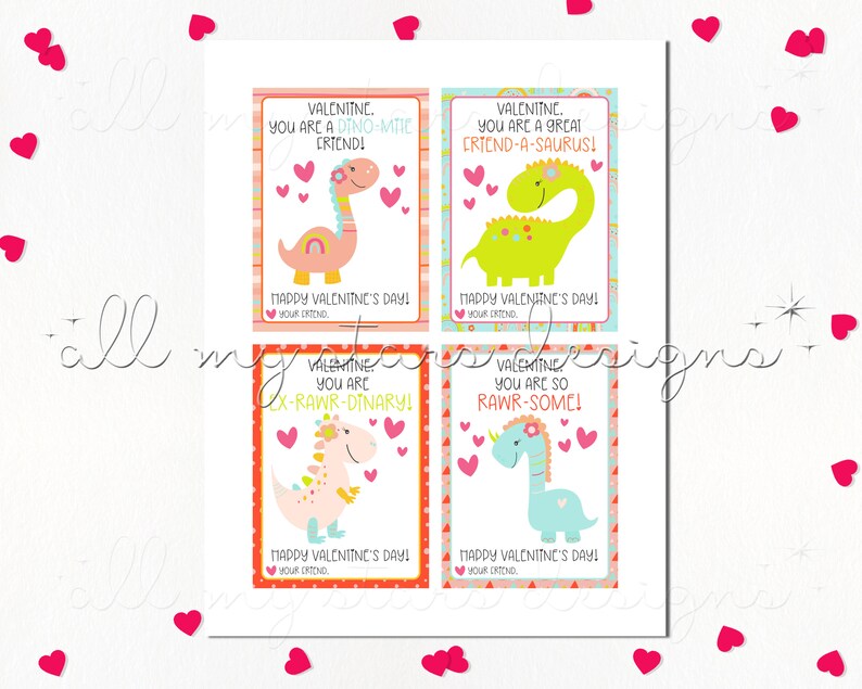 PRINTABLE Sweet Girl DINOSAUR Valentine Cards Set of 4 - Etsy