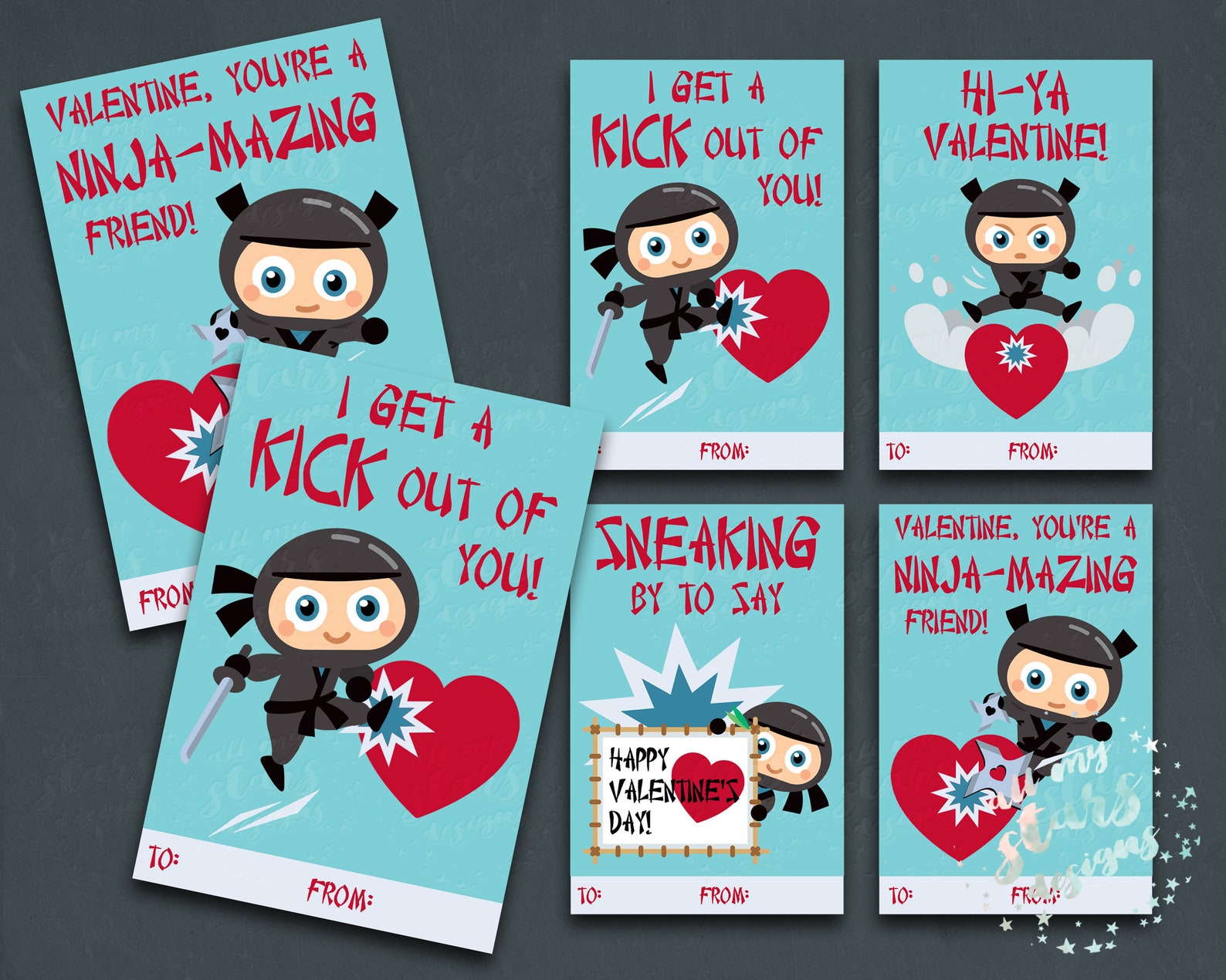 PRINTABLE Ninja Valentine Cards Set of 4 Instant Download | Etsy