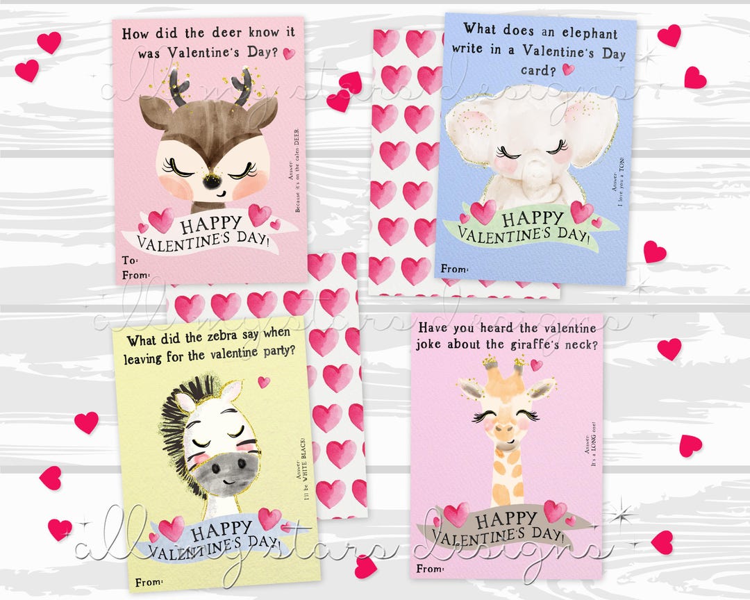 PRINTABLE Cute Watercolor Animal Valentine Cards - Set of 4 Funny Jokes ...
