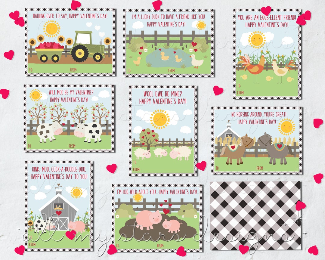 PRINTABLE Farm Valentine Cards - Set of 8 Classroom Valentines ...