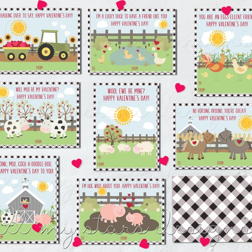 PRINTABLE Farm Valentine Cards Set of 8 Classroom Valentines - Etsy