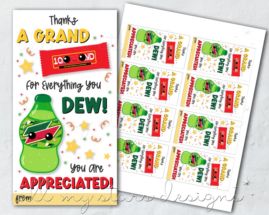 PRINTABLE Thanks a GRAND for Everything You DEW! You Are Appreciated ...