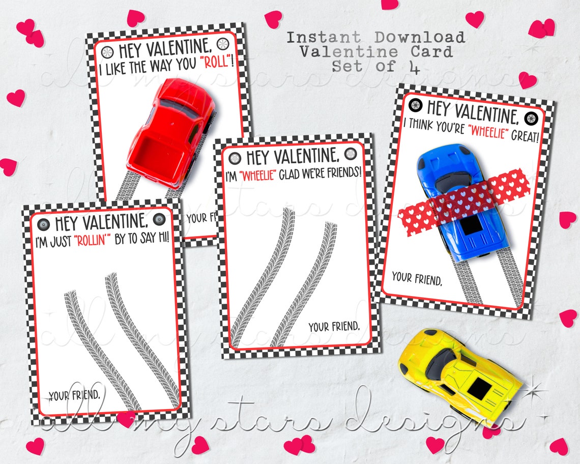 PRINTABLE Cute Car Themed Valentine Cards Set of 4 Instant - Etsy