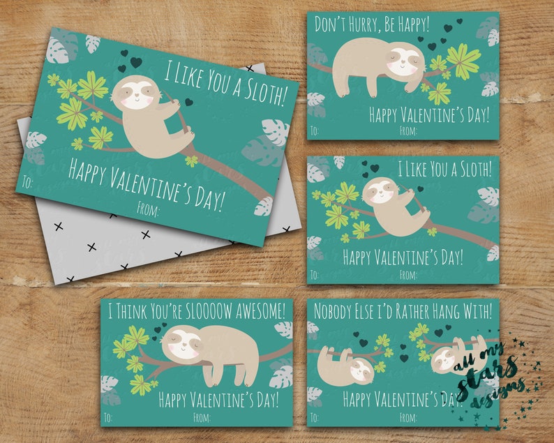 PRINTABLE Cute Sloth Valentine Cards Set of 4 Instant - Etsy