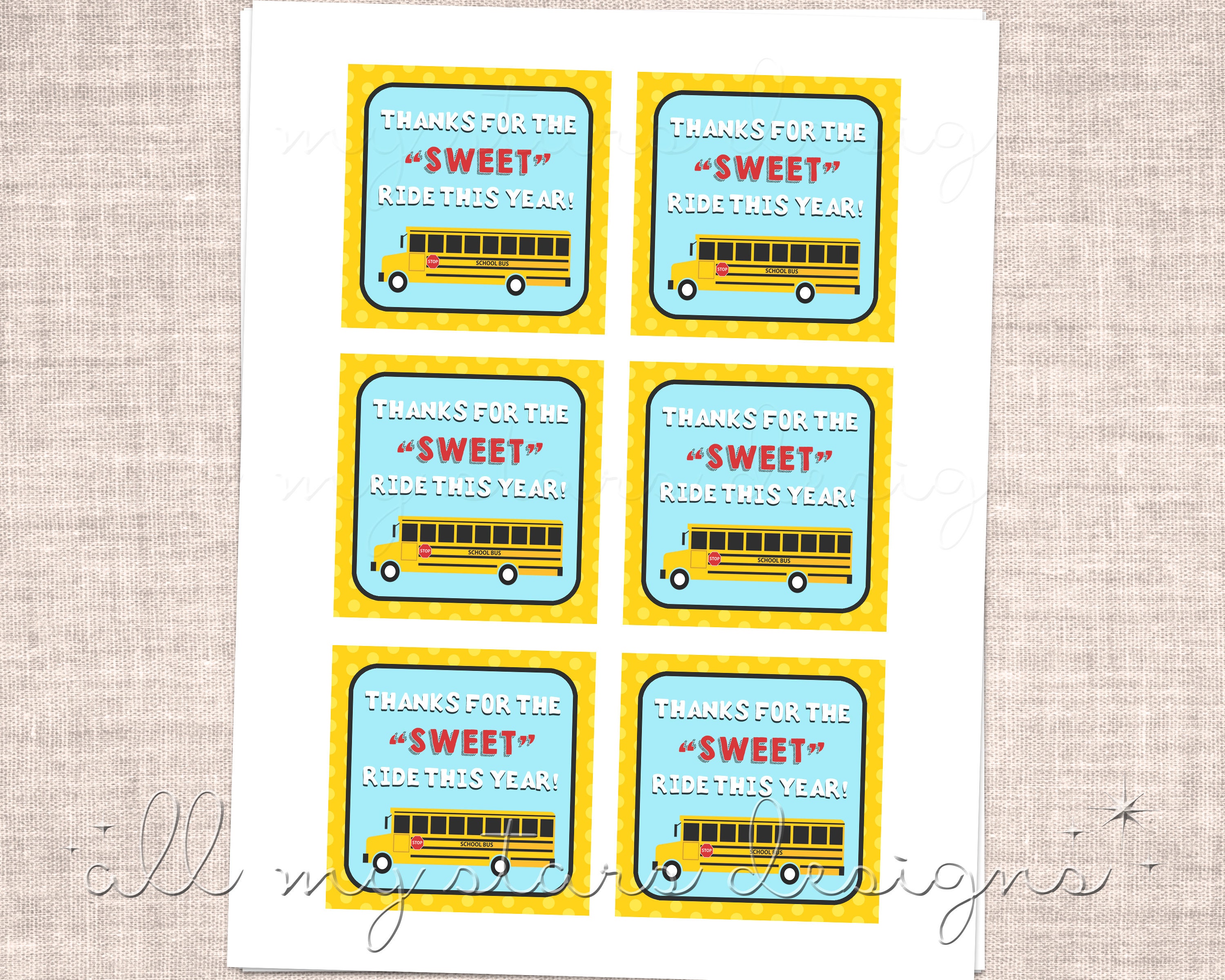 PRINTABLE Thanks for the "sweet" Ride This Year! Bus Driver Gift Tag ...