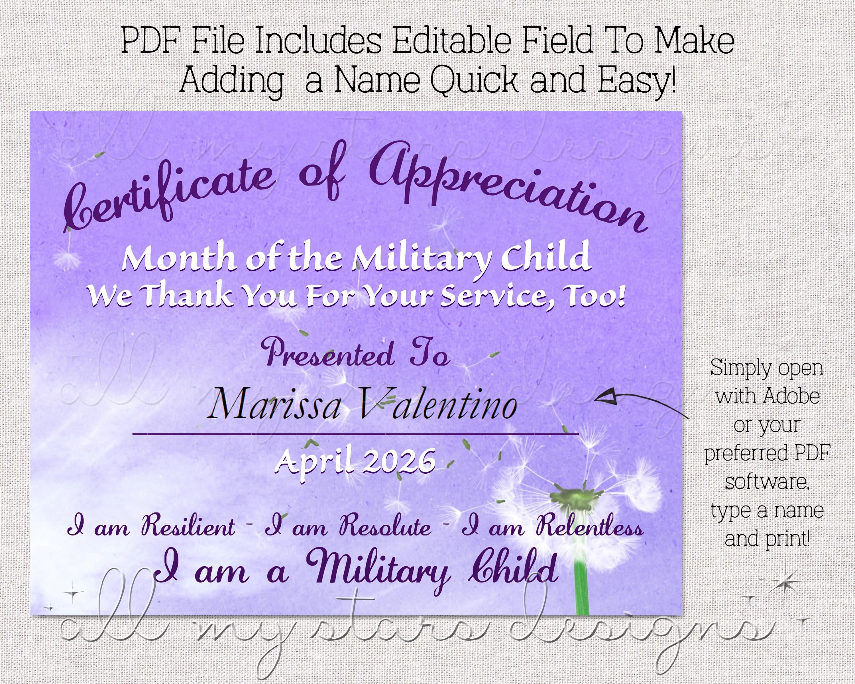 PRINTABLE Month of the Military Child 2026 Certificate of Appreciation ...