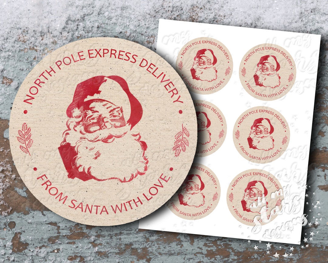PRINTABLE Vintage Style Round Santa Claus Tag North Pole Express ...