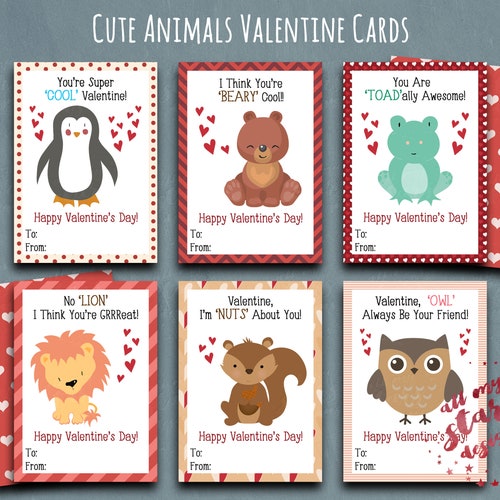 PRINTABLE Cute Animal Valentines Set of 6 Kid's - Etsy