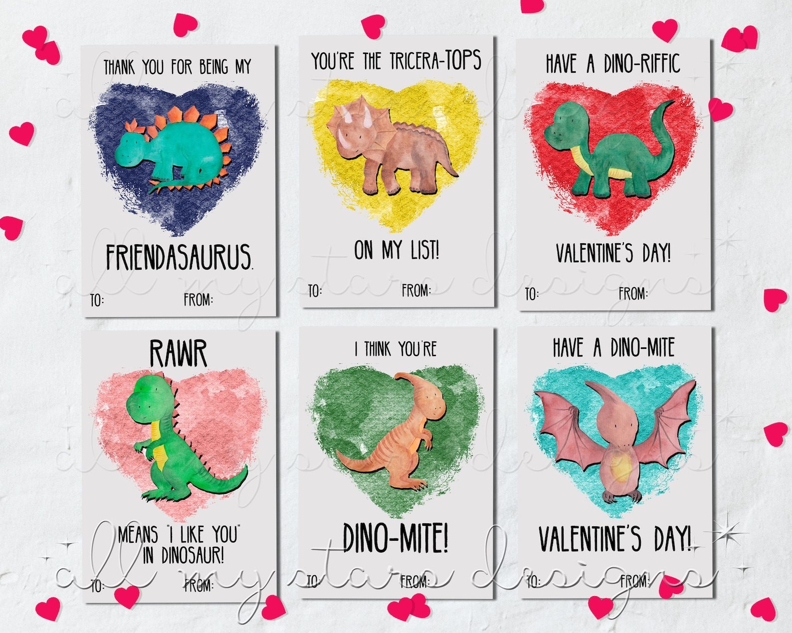 PRINTABLE Cute Dinosaur Valentine Cards Set of 6 Instant | Etsy