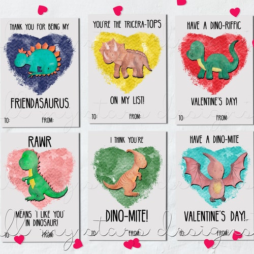 PRINTABLE Cute Dinosaur Valentine Cards Set of 6 Instant - Etsy