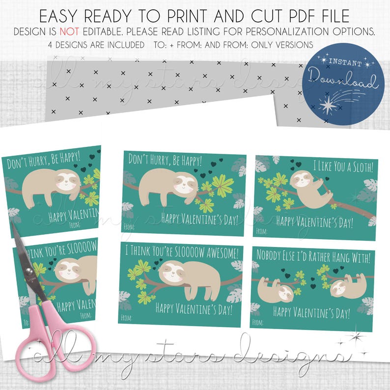 PRINTABLE Cute Sloth Valentine Cards - Set of 4 | Instant Download ...