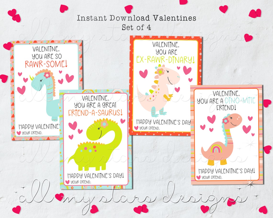 PRINTABLE Sweet Girl DINOSAUR Valentine Cards Set of 4 | Etsy