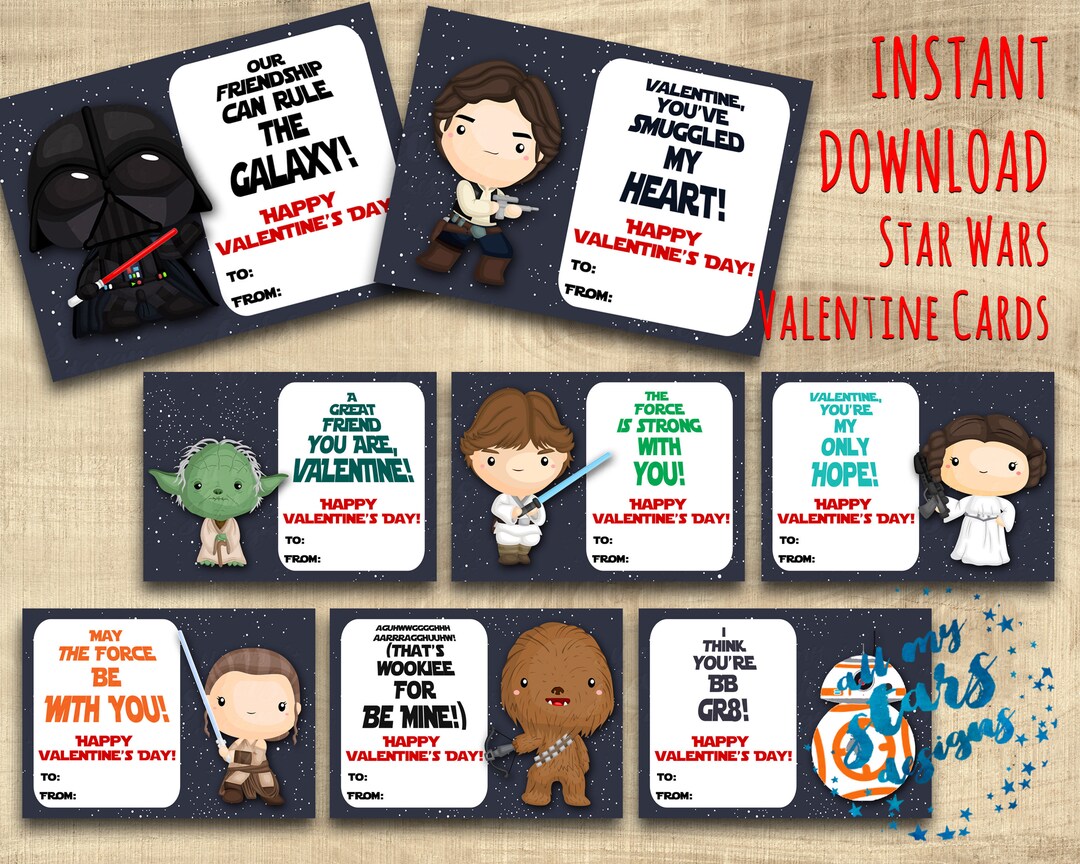 PRINTABLE Star Wars Valentine Cards - Set of 8 Classroom Valentines ...