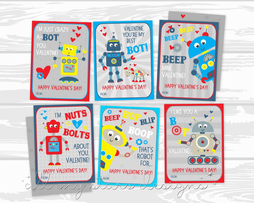 PRINTABLE Robot Valentines ~ Set of 6 Valentine Cards | Instant ...
