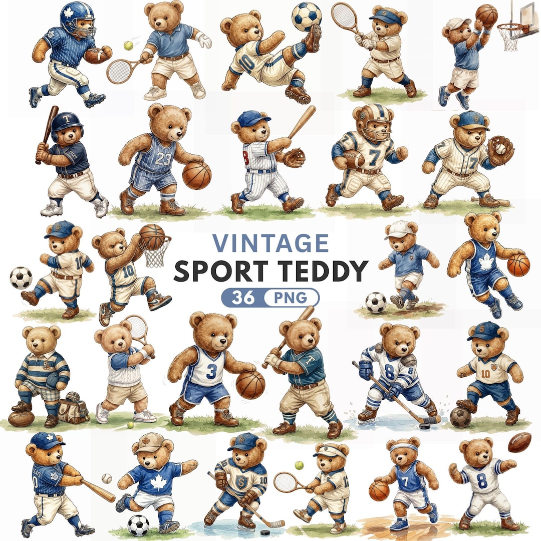 Watercolor Teddy Bear Sports Clipart, Vintage Sports Bear PNG, Baby ...