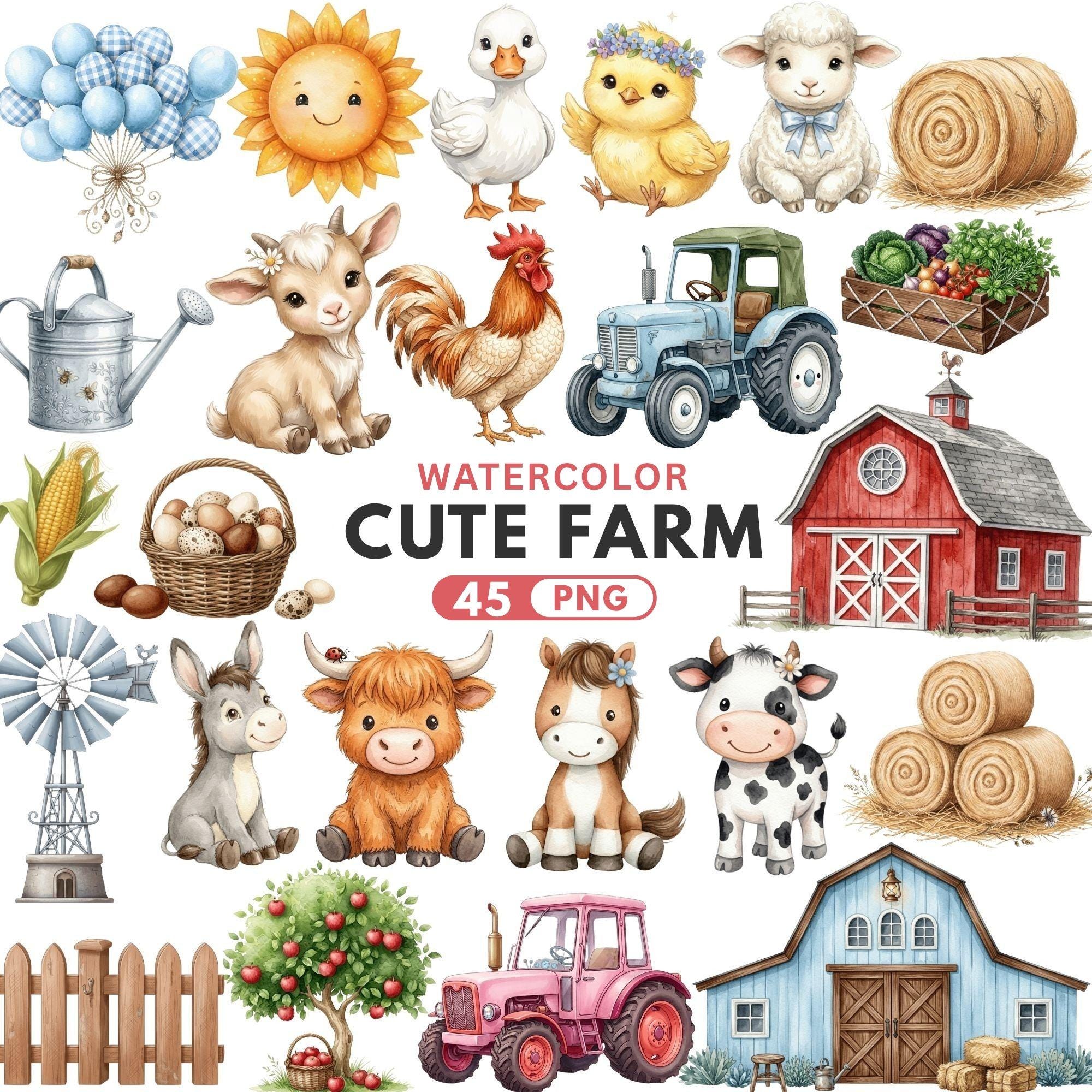 Cute Farm Clipart, Watercolor Clipart, Farm Animals PNG, Highland Cow ...
