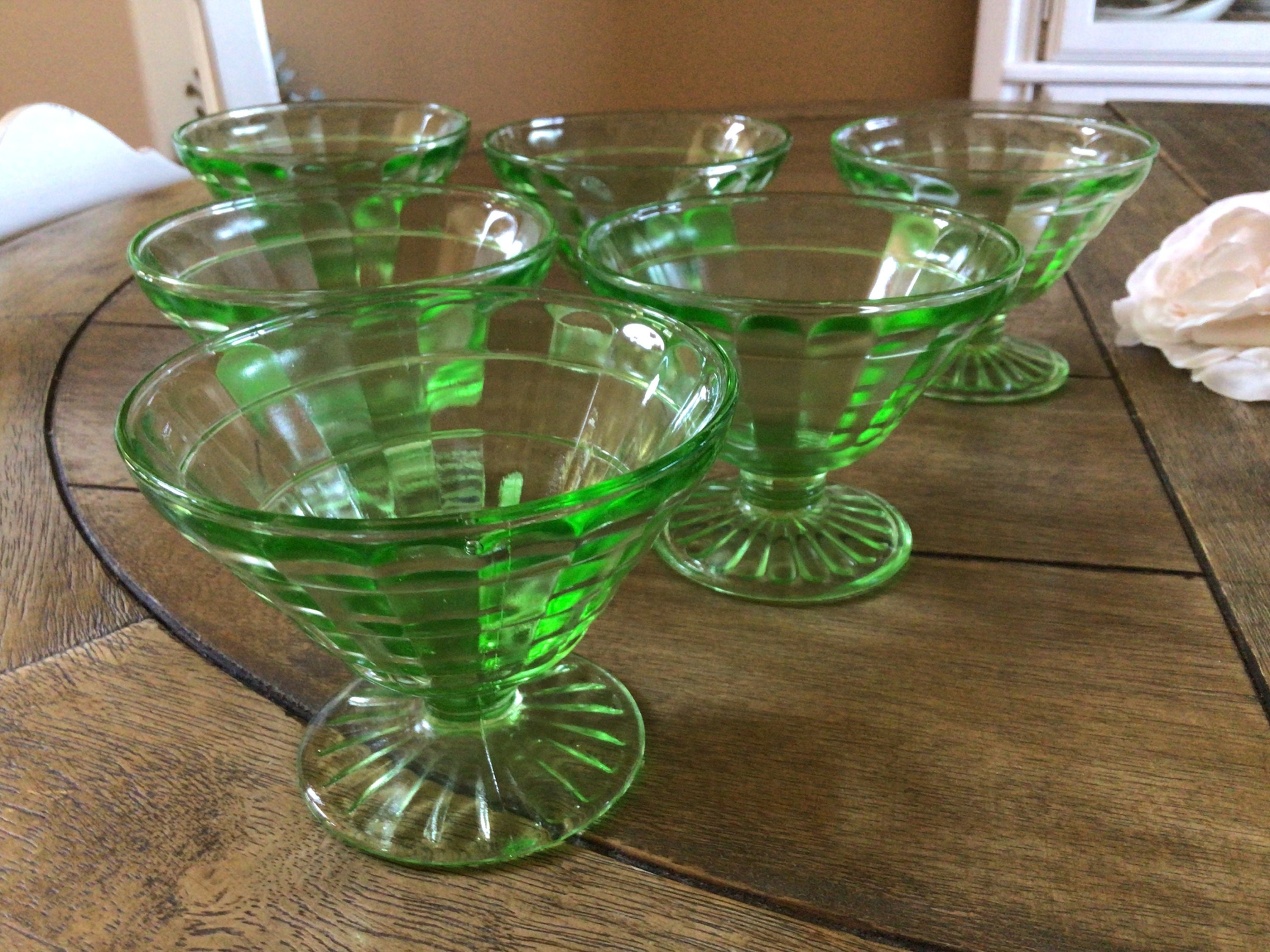 Set 6 Green Depression Glass Footed Compote Bowls with Lovely | Etsy
