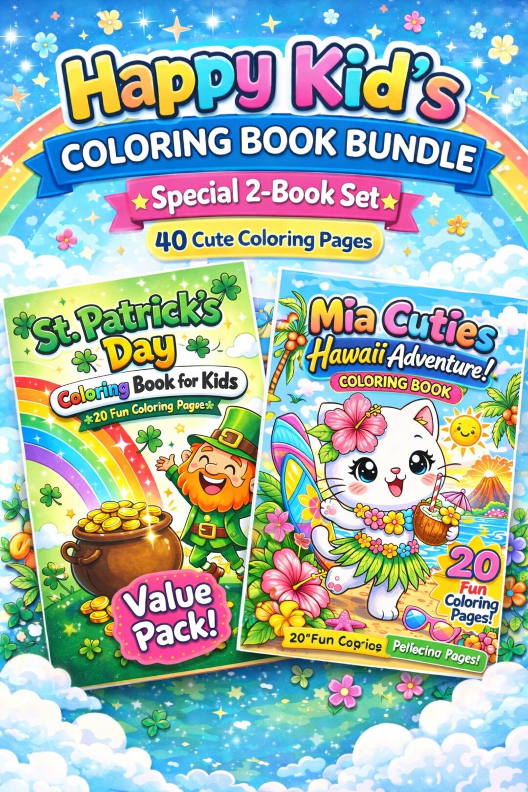 Kids Coloring Book Bundle: St. Patrick's Day, Hawaii Adventure (40 ...
