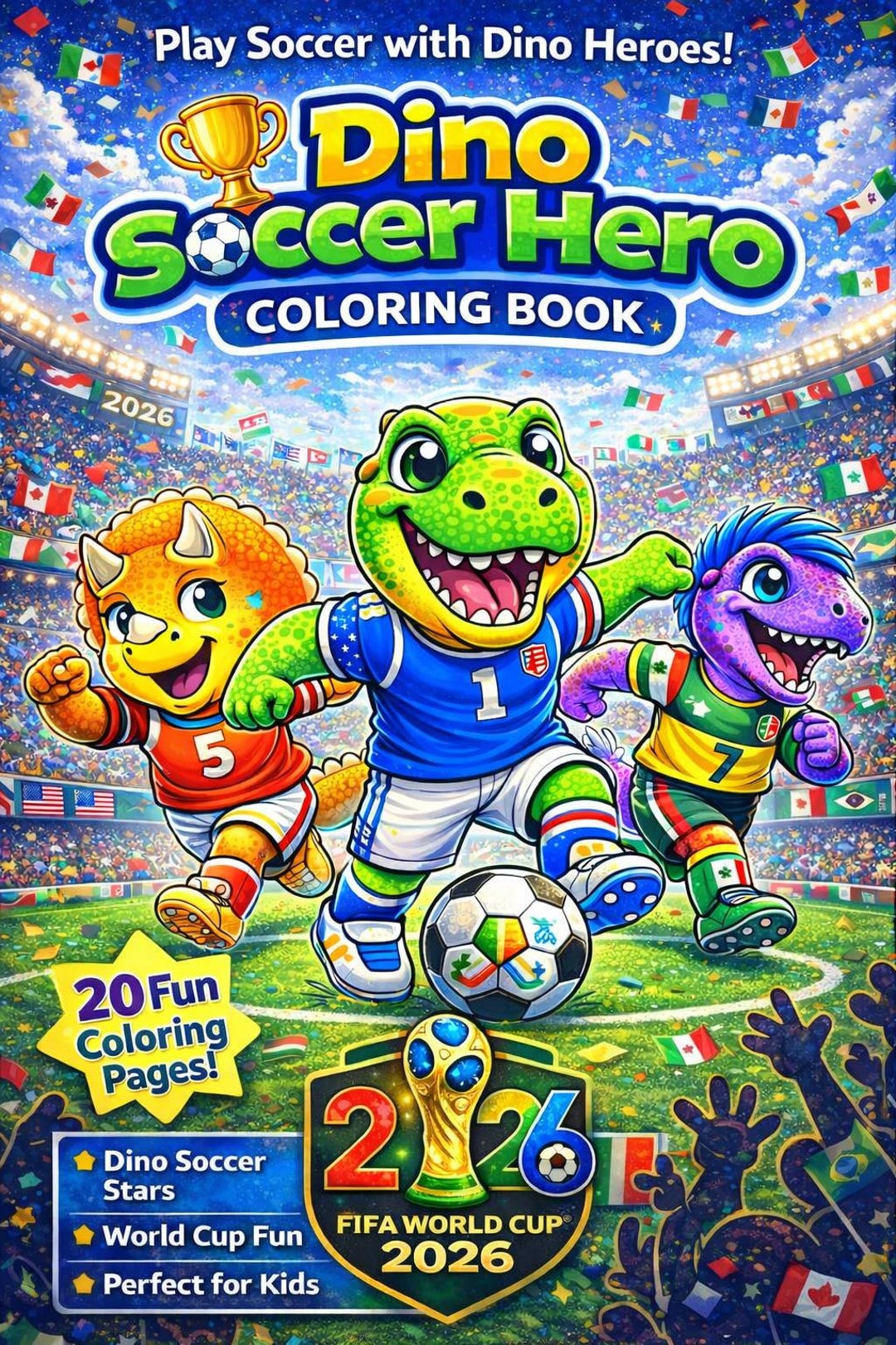 Dinosaurs and Friends Playing Coloring Book, Kids Sports Activity, 20 ...