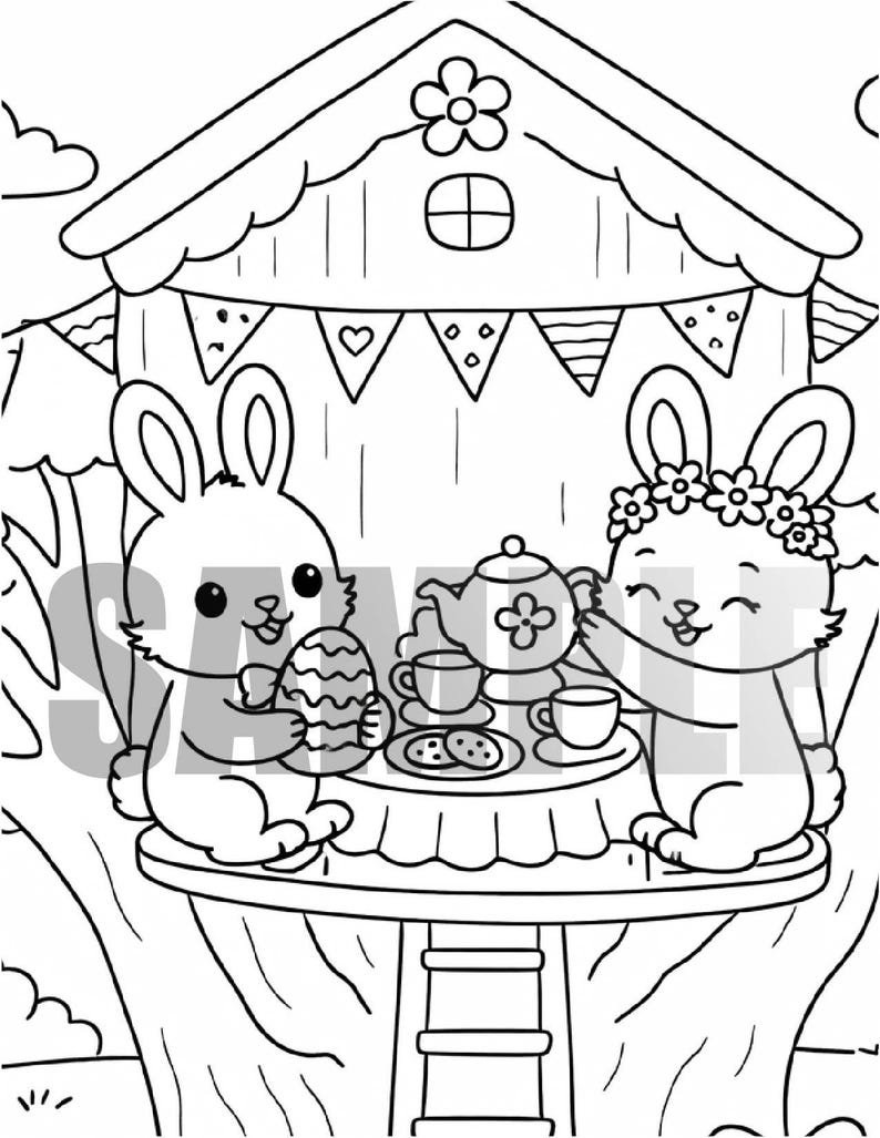 Easter Tea Party Coloring Book, Bunny Animal Pages, Kids Activity ...