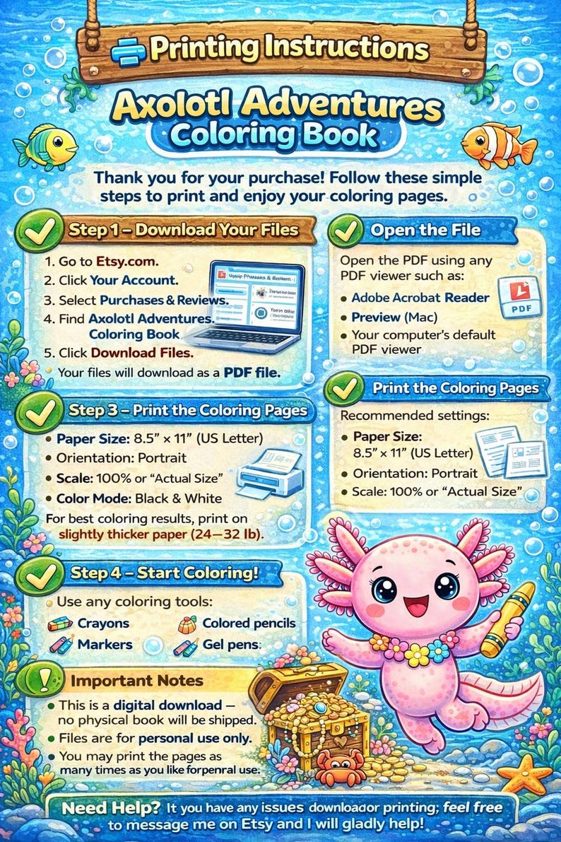 Axolotl Adventures Coloring Book, Kawaii Animal Pages (printable PDF ...