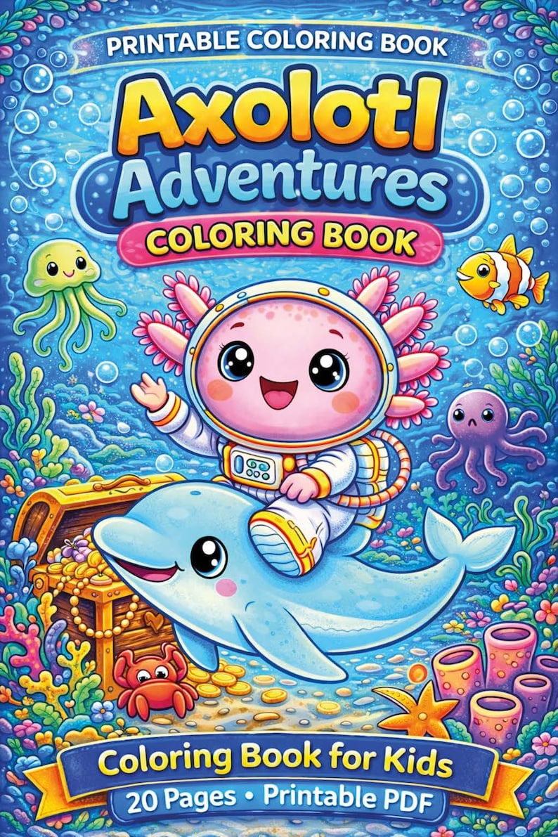 Axolotl Adventures Coloring Book, Kawaii Animal Pages (printable PDF ...