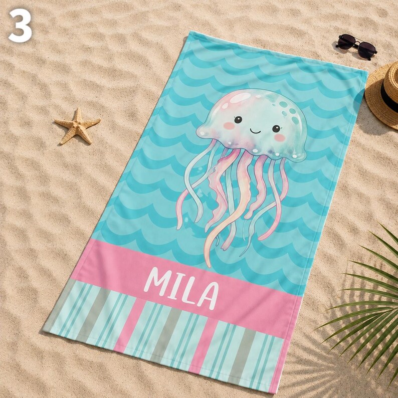 Personalized Kids Beach Towel, Custom Name Ocean Towel, Cute Sea Animal ...