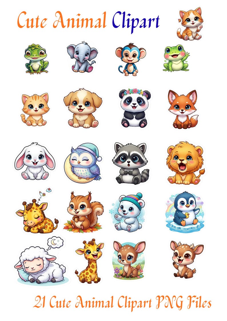 Cute Animal Clipart Bundle – 21 PNG Files – Kawaii Animal Stickers ...