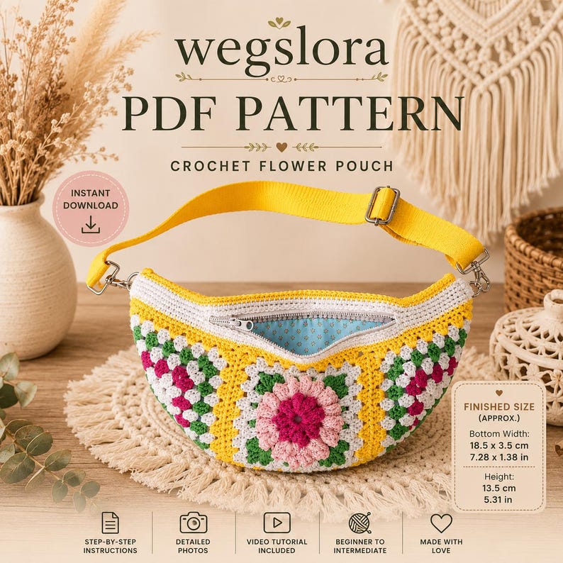 Floral Granny Square Crochet Bag Pattern, Boho Crossbody Belt Bag ...