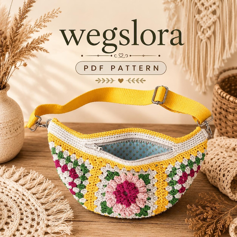 Floral Granny Square Crochet Bag Pattern, Boho Crossbody Belt Bag ...