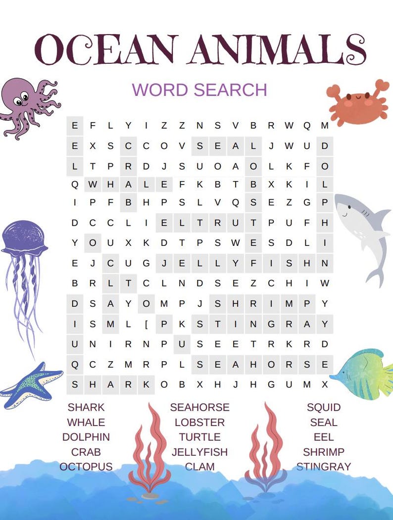 Ocean Animal Word Search for Kids Printable! - Etsy