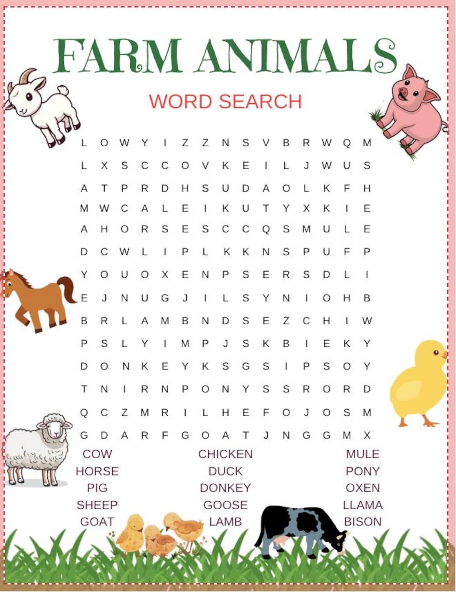 Farm Animal Word Search for Kids Printable! - Etsy