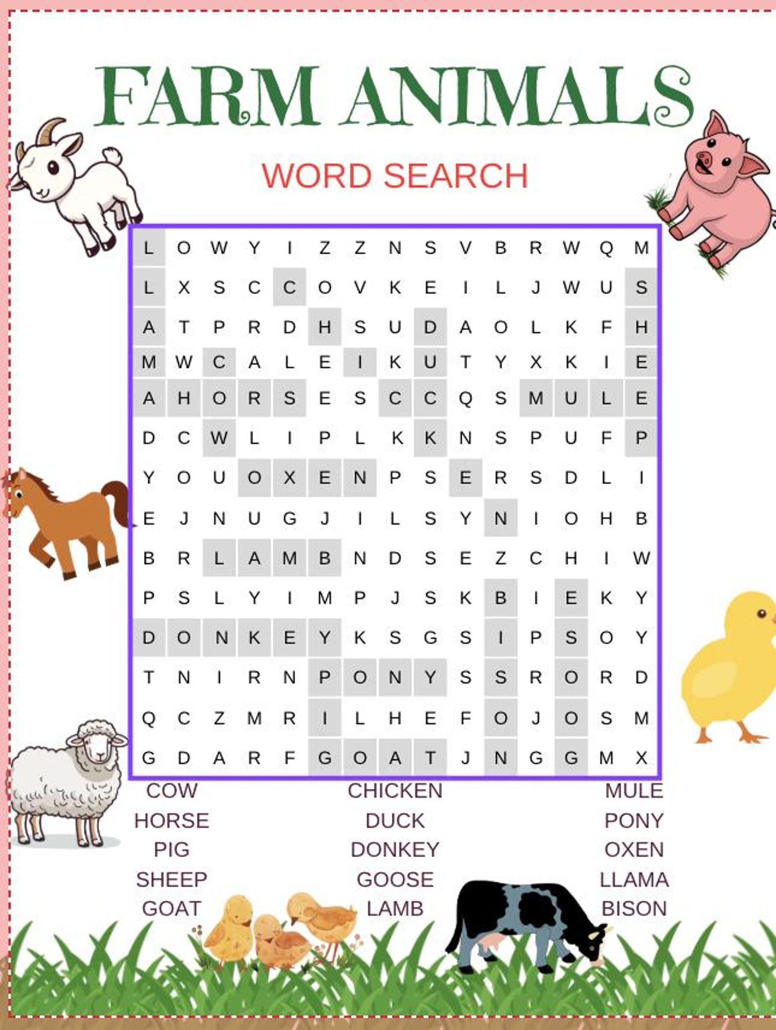 Farm Animal Word Search for Kids Printable! - Etsy