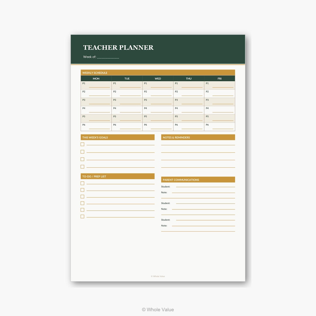 Teacher Planner Printable PDF Weekly Schedule Grid Goals To-do Parent ...