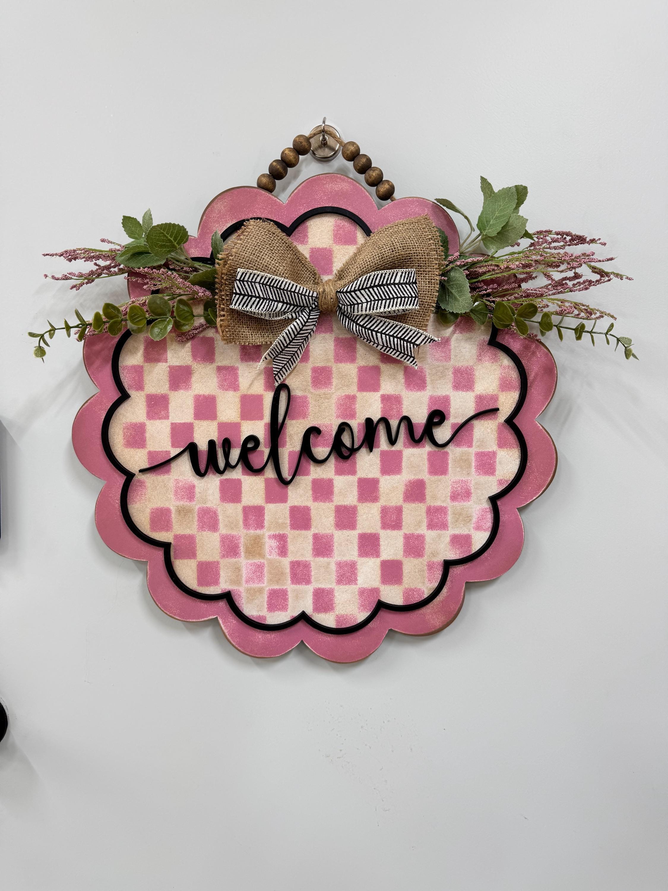 Checkered Welcome Door Hanger | Farmhouse Wooden Front Door Sign ...