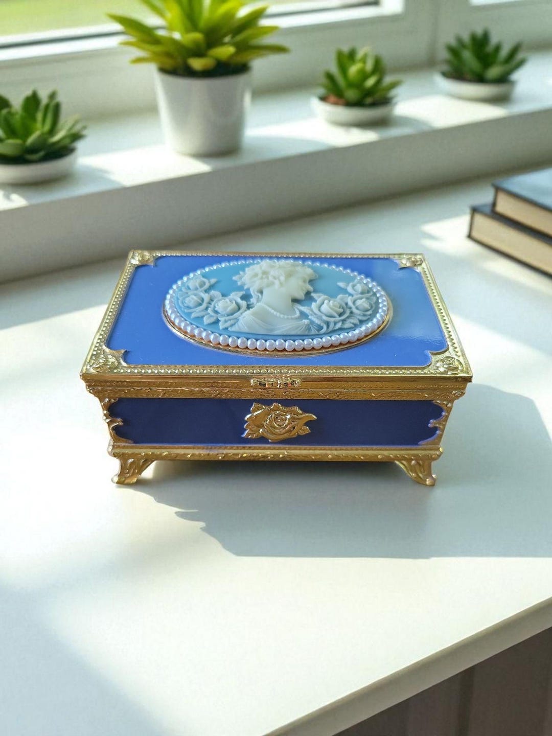 Vintage Blue Cameo Musical Jewelry Box Plays Wind Beneath My Wings - Etsy
