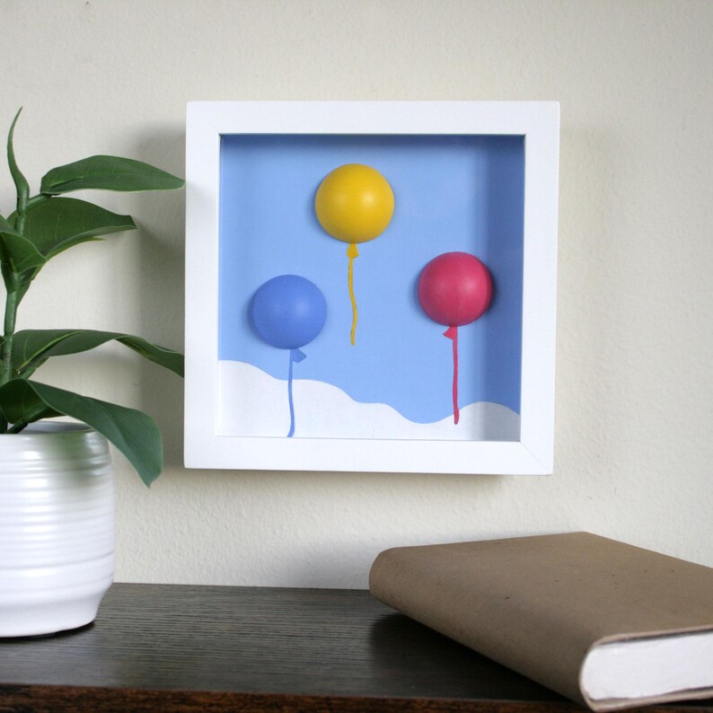 6x6 Acrylic Shadowbox Painting, Helium Balloons on Blue Sky, Handmade ...