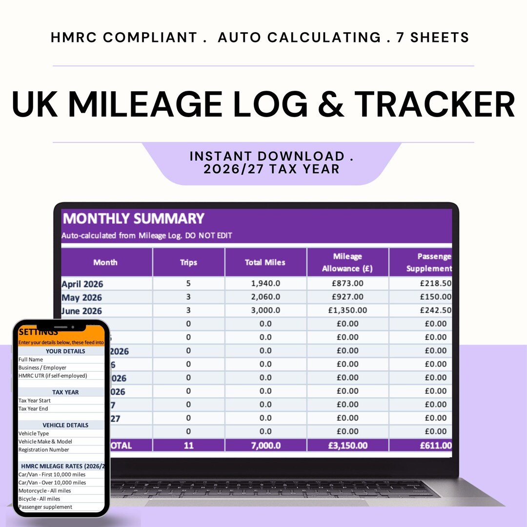 UK Mileage Log Tracker 2026/27 | HMRC Compliant Excel Spreadsheet ...