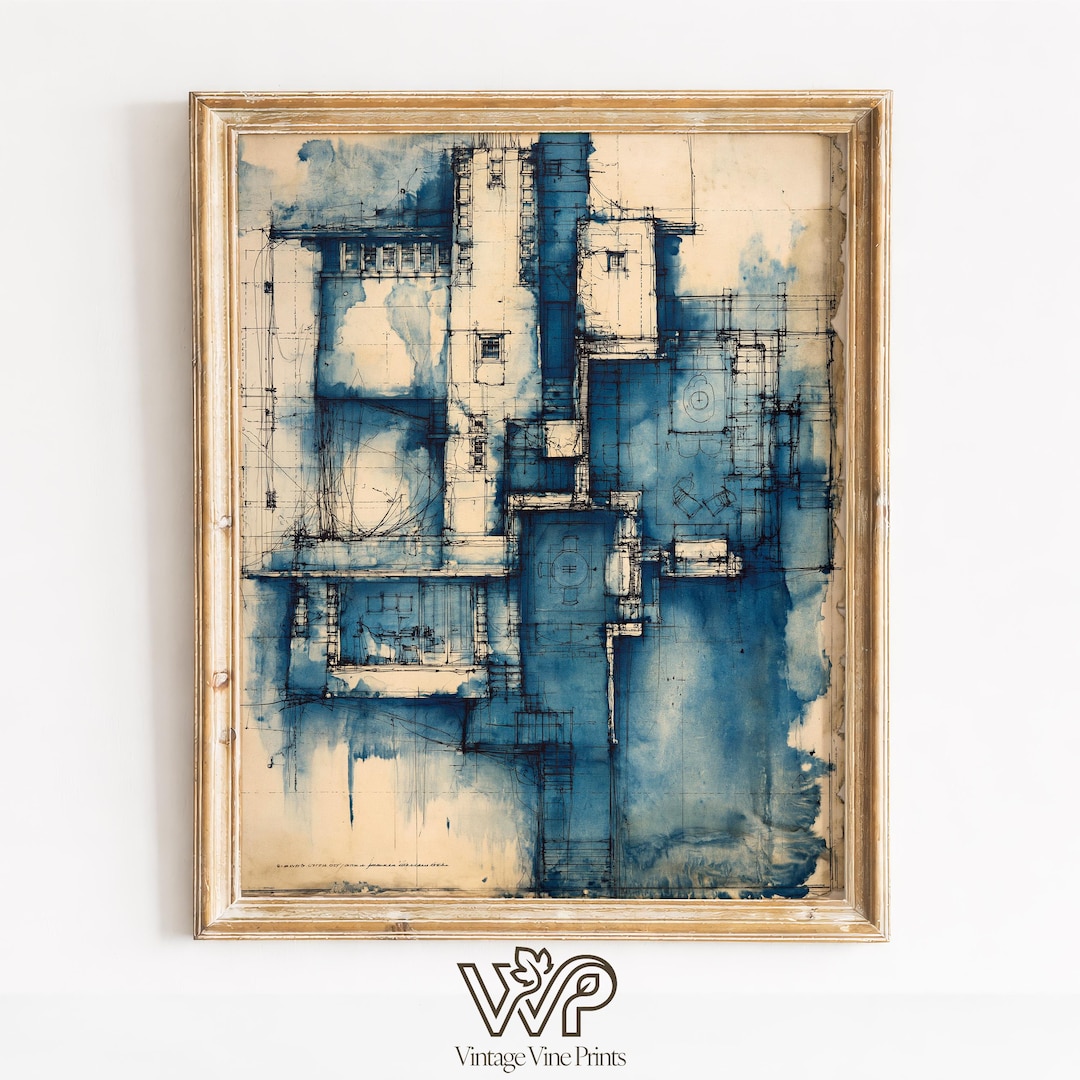Cyanotype Blueprint Study Printable Art - Vintage Modern Office Layout ...