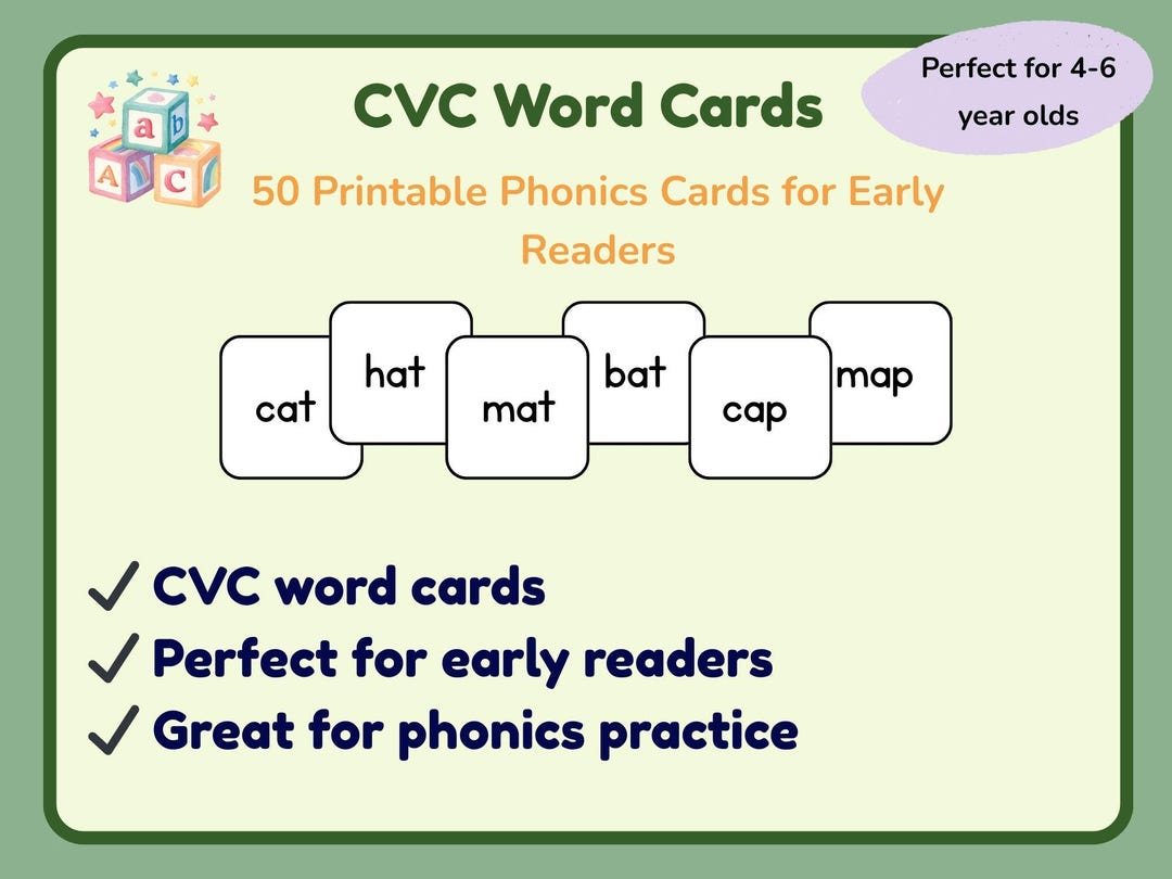 CVC Word Cards for Early Readers | 50 Printable Phonics Flashcards ...