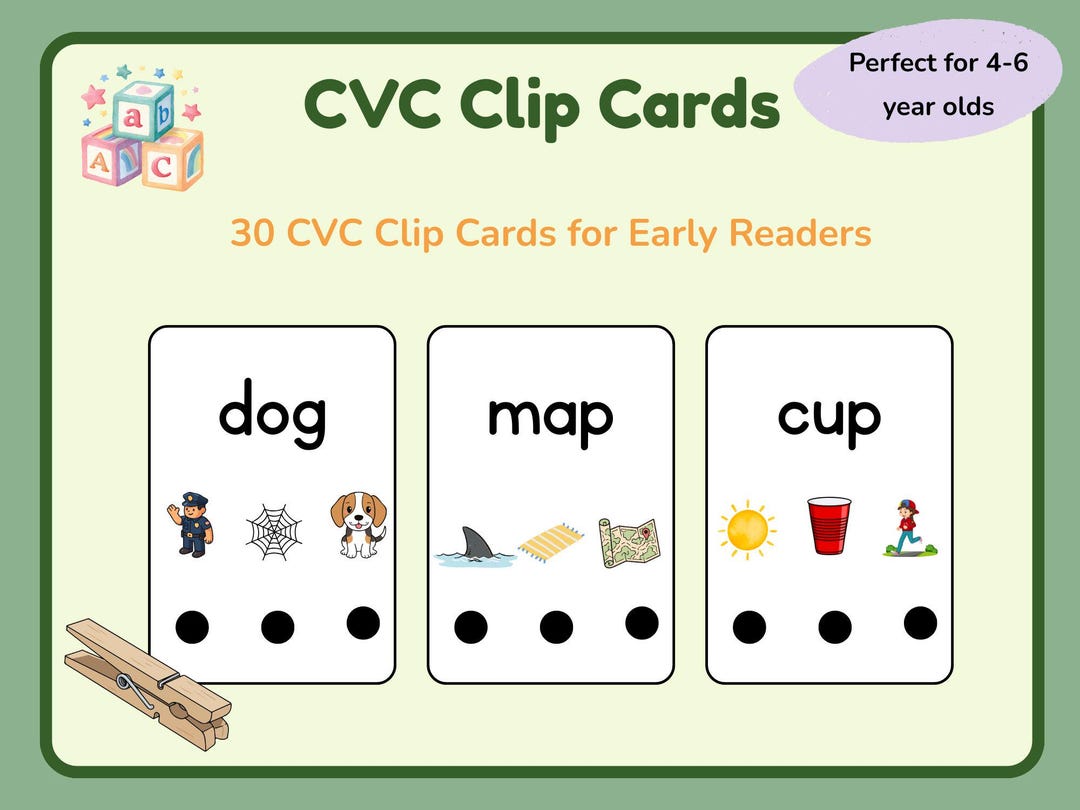 CVC Clip Cards for Early Readers | Phonics Peg Activity (30 Cards) - Etsy