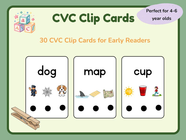 CVC Clip Cards for Early Readers | Phonics Peg Activity (30 Cards) - Etsy