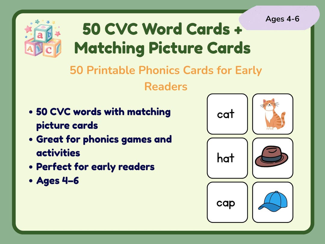 CVC Word Picture Matching Cards | Phonics Printable Activity (ages 4-6 ...