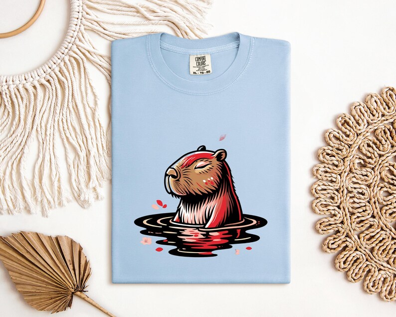 Capybara Relaxing Hot Spring Illustration T-shirt, Peaceful Zen Animal ...