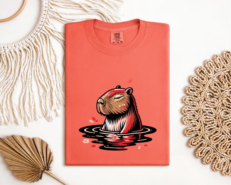 Capybara Relaxing Hot Spring Illustration T-shirt, Peaceful Zen Animal ...