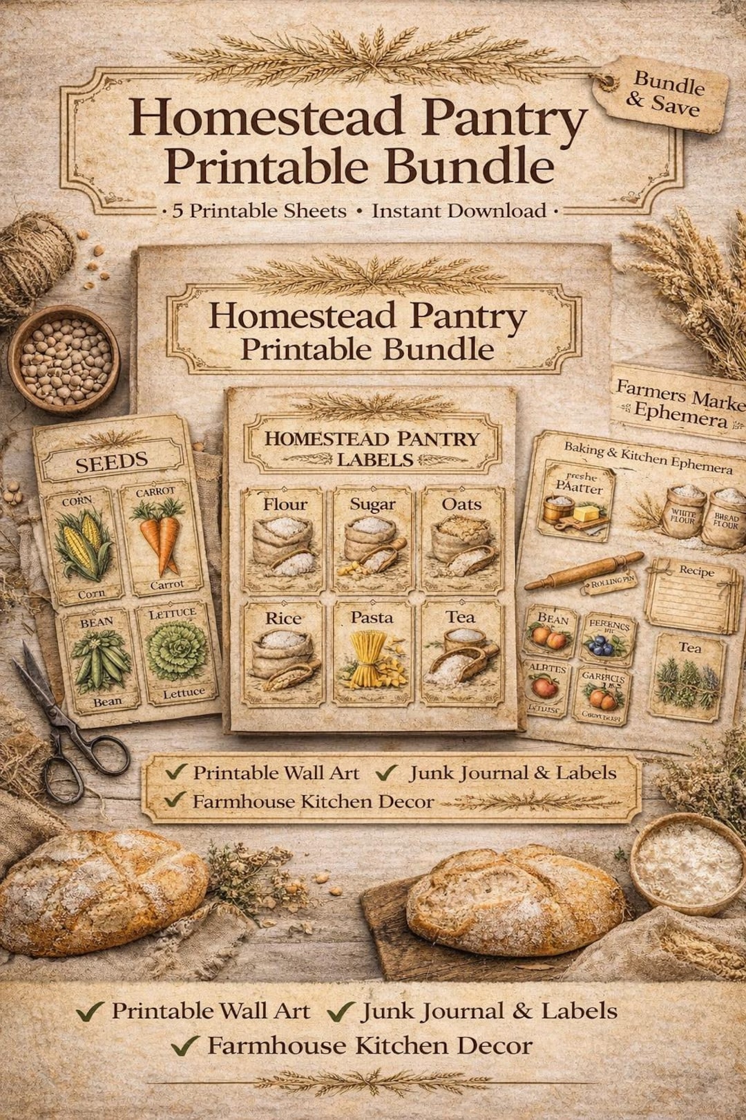 Homestead Pantry Labels Printable Bundle, Vintage Farmhouse Kitchen ...