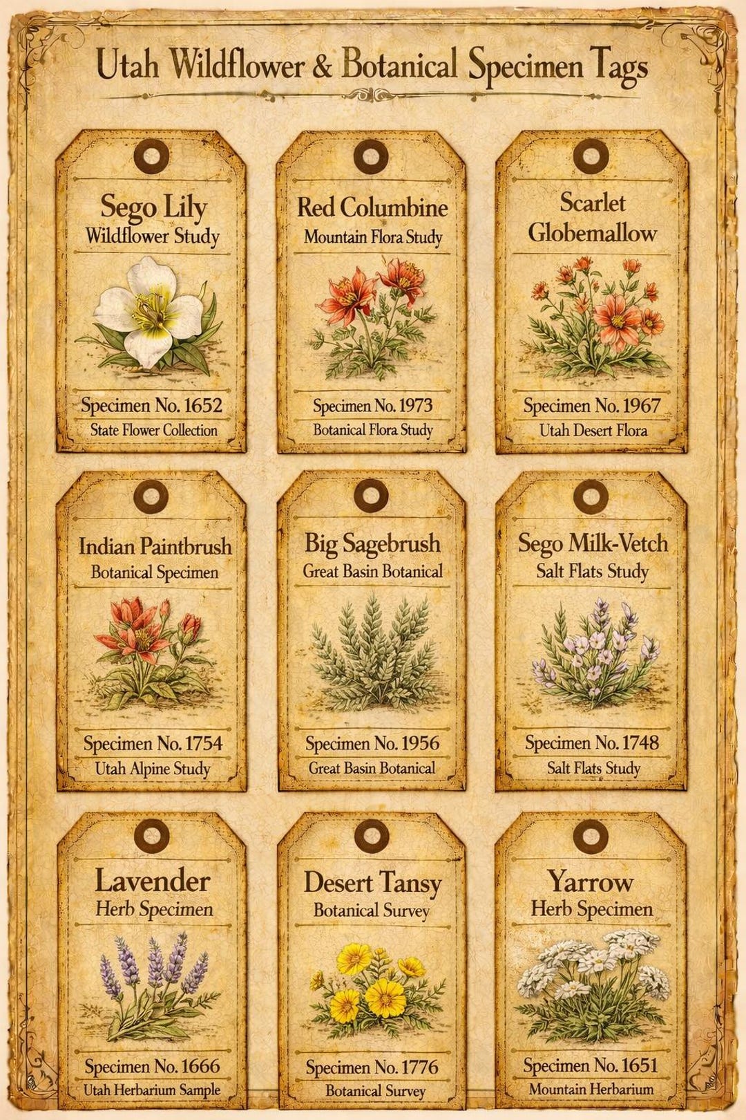 Utah Wildflower Specimen Tags Printable, Vintage Botanical Junk Journal ...
