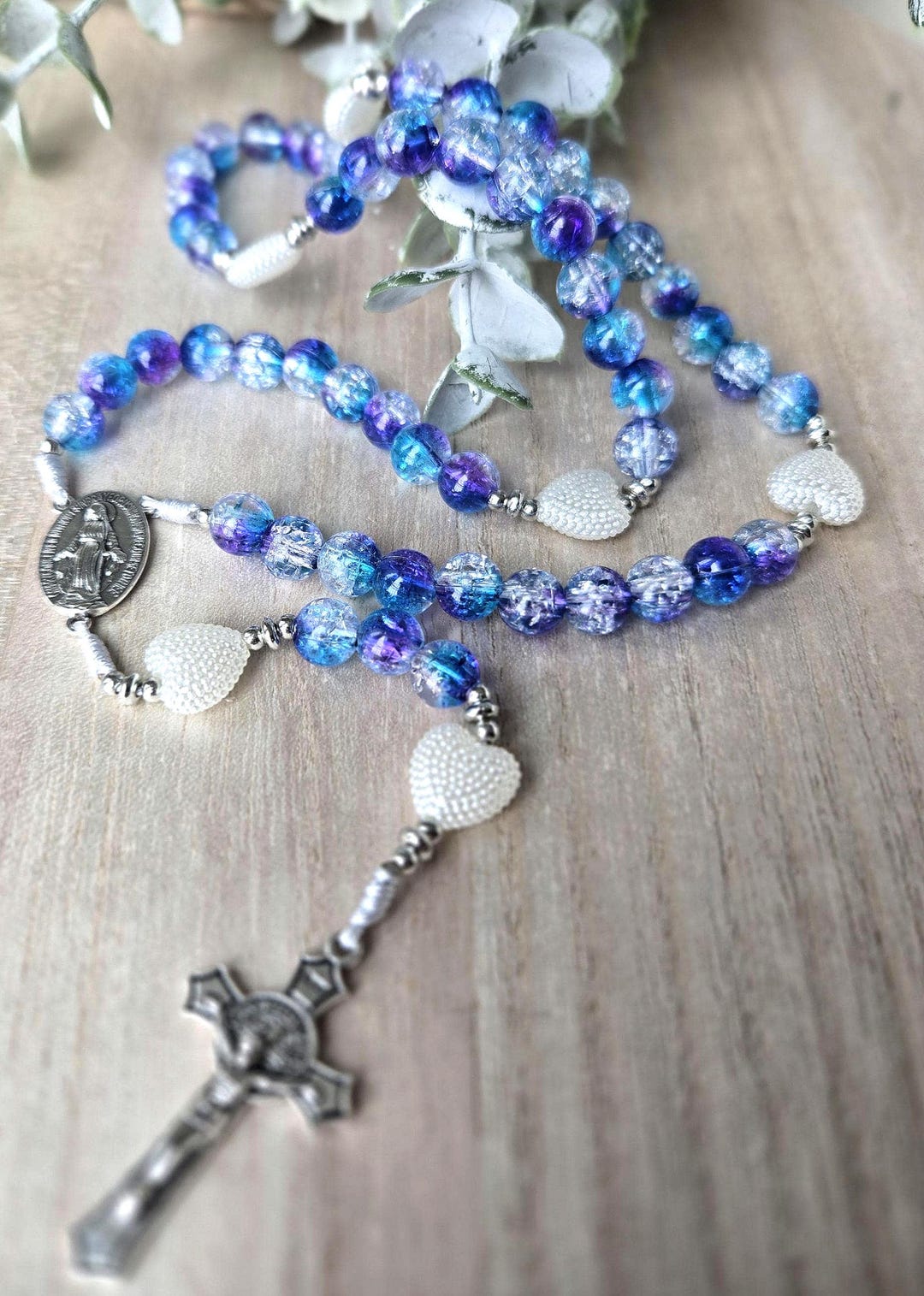 Blue Purple Glass Catholic Rosary With White Heart Beads, Miraculous ...