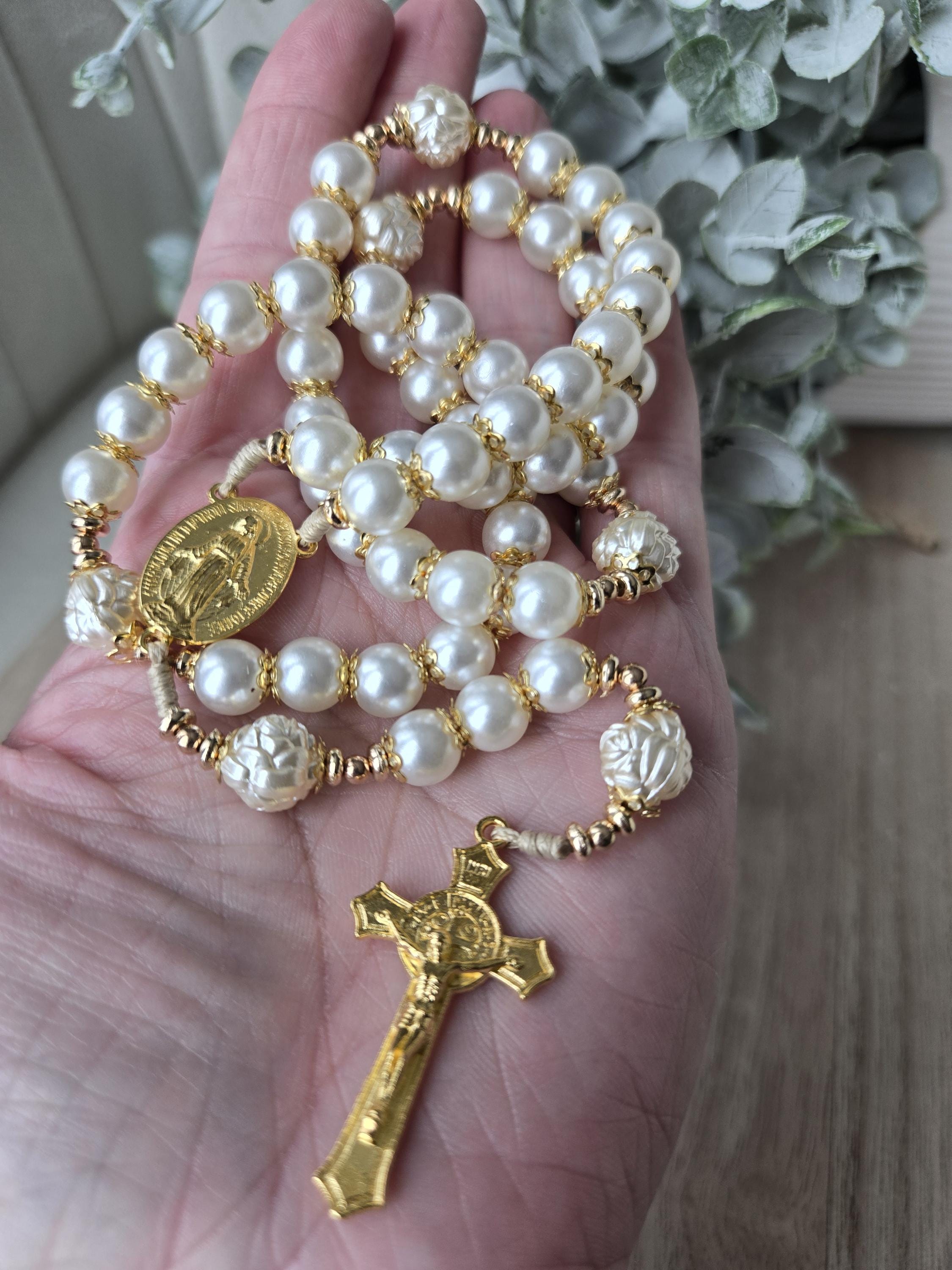 Catholic Pearl Rosary, Handmade Rosary Beads, Gold Crucifix, Miraculous ...
