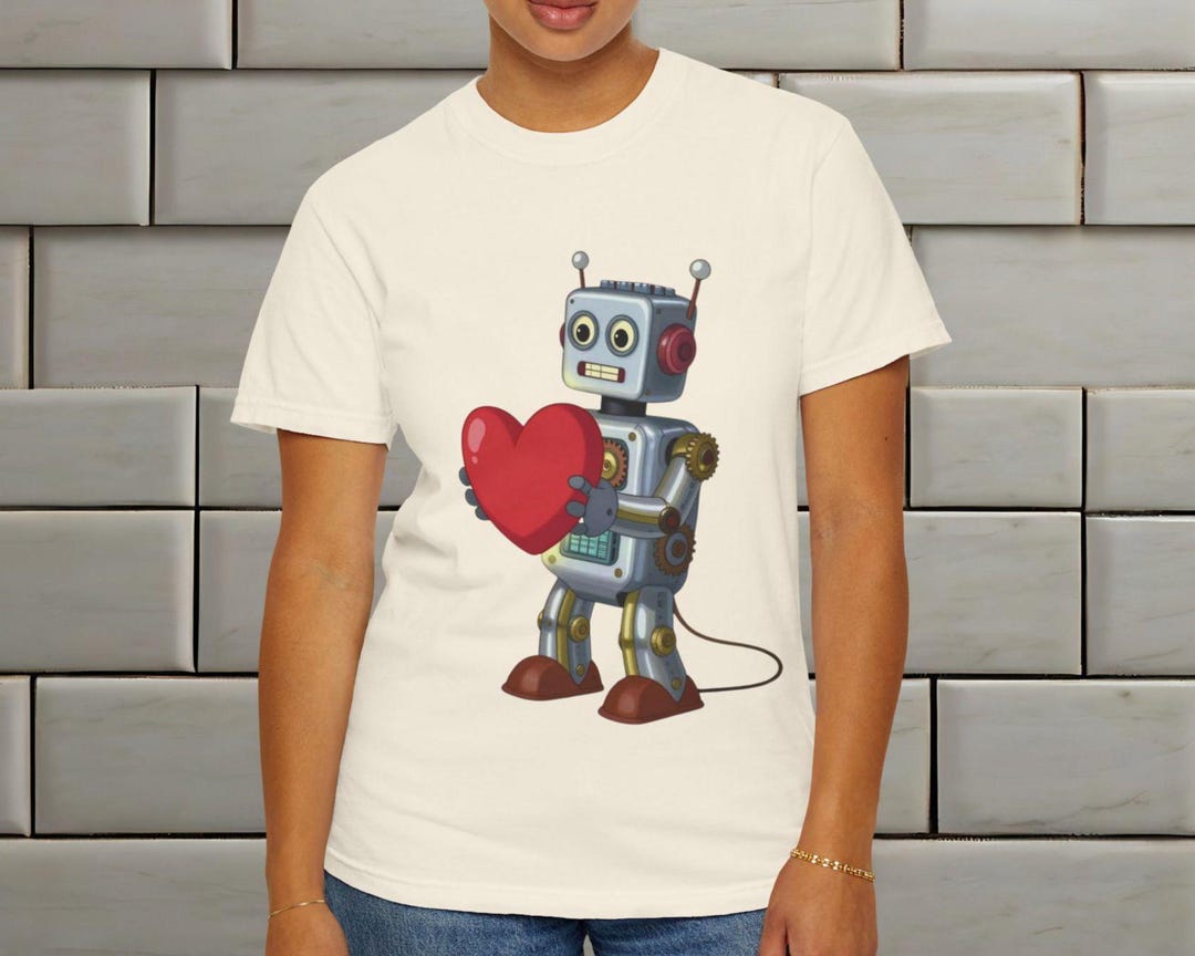 Retro Robot Holding Heart T-shirt | Valentine's Cute Robot Tee, Comfort ...